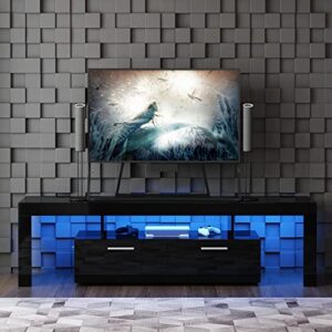 SANYOAC Black Stand for 55/60/65/70/75+ Inch Led TV, Modern Entertainment Center with Storage and Shelves for Video Gaming, Living Room Bedroom