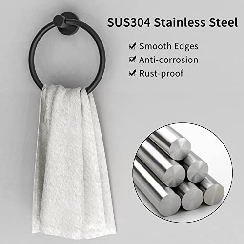 RARXTR Matte Black Hand Towel Holder for Bathroom Kitchen Towel Ring Modern Rounded Base Wall Mount SUS304 Stainless Steel