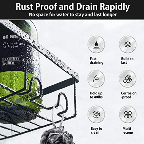 4 Pack Self Adhesive Shower Shelves,Shower Caddy Organizer Rack with 23 Hooks for Hanging Shampoo Conditioner,Rust-Proof 304 Stainless Steel Shower Storage Organization for Bathroom(Black)