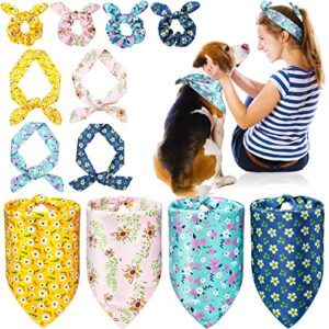 12 pack dog bandana and matching scrunchie set, including 4 flower dog scarf bibs 4 summer bow hair ties 4 neckerchief dog and owner matching clothes outfits for small puppy dog and pet owner gift