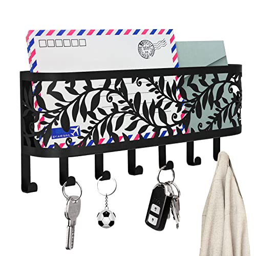 WYTAOHZL Key Holder for Wall Mail and Key Holder for Wall with 7 Key Hooks 11X4.6X2Inches Eucalyptus Design Mail Organizer Wall Mount Key Holder Black Metal Key Hooks Key Hangers for Home Decorative