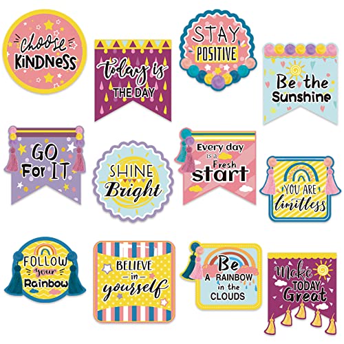 48 Pcs Boho Positive Sayings Accents Rainbow Theme Bulletin Board for Classroom Inspirational Quote Motivational Positive Sayings Cutouts for Rainbow Classroom Decor