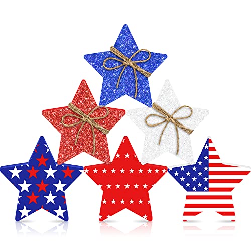 6Pcs 4th of July Patriotic Wooden Glitter Star Signs Table Decor- 4th of July Decorations- Patriotic Party Rustic Farmhouse Wooden Block Signs for Tabletop Centerpiece Tiered Tray Mantle Home Office