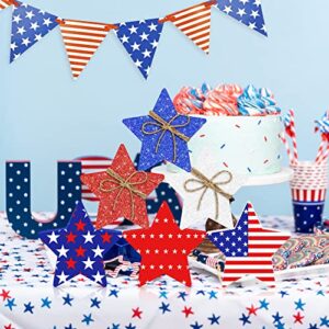 6Pcs 4th of July Patriotic Wooden Glitter Star Signs Table Decor- 4th of July Decorations- Patriotic Party Rustic Farmhouse Wooden Block Signs for Tabletop Centerpiece Tiered Tray Mantle Home Office