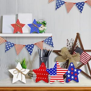 6Pcs 4th of July Patriotic Wooden Glitter Star Signs Table Decor- 4th of July Decorations- Patriotic Party Rustic Farmhouse Wooden Block Signs for Tabletop Centerpiece Tiered Tray Mantle Home Office