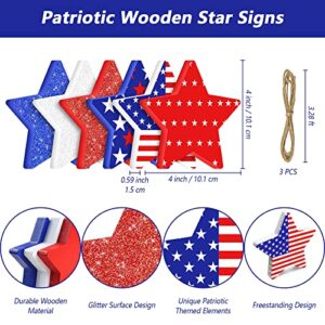 6Pcs 4th of July Patriotic Wooden Glitter Star Signs Table Decor- 4th of July Decorations- Patriotic Party Rustic Farmhouse Wooden Block Signs for Tabletop Centerpiece Tiered Tray Mantle Home Office