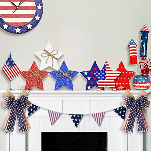 6Pcs 4th of July Patriotic Wooden Glitter Star Signs Table Decor- 4th of July Decorations- Patriotic Party Rustic Farmhouse Wooden Block Signs for Tabletop Centerpiece Tiered Tray Mantle Home Office