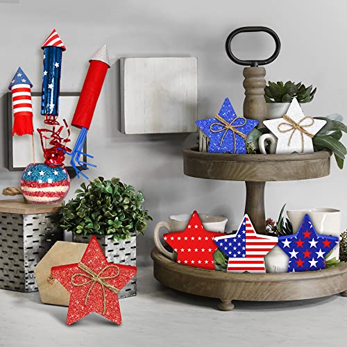 6Pcs 4th of July Patriotic Wooden Glitter Star Signs Table Decor- 4th of July Decorations- Patriotic Party Rustic Farmhouse Wooden Block Signs for Tabletop Centerpiece Tiered Tray Mantle Home Office