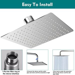 Welan Rain Shower Head, High Pressure Shower Head, 10 Inch Stainless Steel Square Showerhead, Adjustable Angles, Anti-Clogging Silicone Nozzle