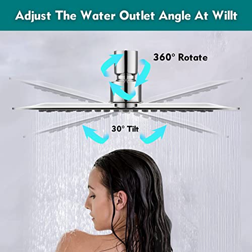 Welan Rain Shower Head, High Pressure Shower Head, 10 Inch Stainless Steel Square Showerhead, Adjustable Angles, Anti-Clogging Silicone Nozzle