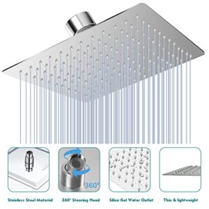 Welan Rain Shower Head, High Pressure Shower Head, 10 Inch Stainless Steel Square Showerhead, Adjustable Angles, Anti-Clogging Silicone Nozzle