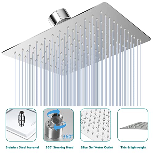 Welan Rain Shower Head, High Pressure Shower Head, 10 Inch Stainless Steel Square Showerhead, Adjustable Angles, Anti-Clogging Silicone Nozzle