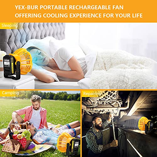 YEX-BUR Portable Camping Fan for dewalt, Rechargeable Personal Desk Tent Fan with Foldable Hook,Remote Control 4H Timer Powered by Dewalt 20V Li-ion Battery Cordless Fan for Camping, Office, Travel