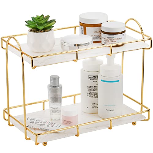 Hacaroa Bathroom Countertop Organizer with Marbling Tray, 2 Tier Makeup Organizer Wire Vanity Tray, Cosmetic Storage Shelf Counter Standing Rack for Kitchen, Dresser, Perfume, Skincare, Gold