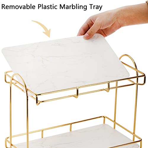 Hacaroa Bathroom Countertop Organizer with Marbling Tray, 2 Tier Makeup Organizer Wire Vanity Tray, Cosmetic Storage Shelf Counter Standing Rack for Kitchen, Dresser, Perfume, Skincare, Gold