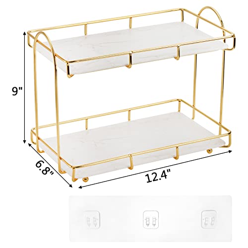 Hacaroa Bathroom Countertop Organizer with Marbling Tray, 2 Tier Makeup Organizer Wire Vanity Tray, Cosmetic Storage Shelf Counter Standing Rack for Kitchen, Dresser, Perfume, Skincare, Gold