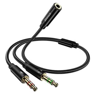 zooaux headphone splitter mic cable for computer, 3.5mm headphone mic stereo y splitter, headset 3.5mm female to 2 dual male microphone audio jack stereo jack to gaming speaker pc adapter