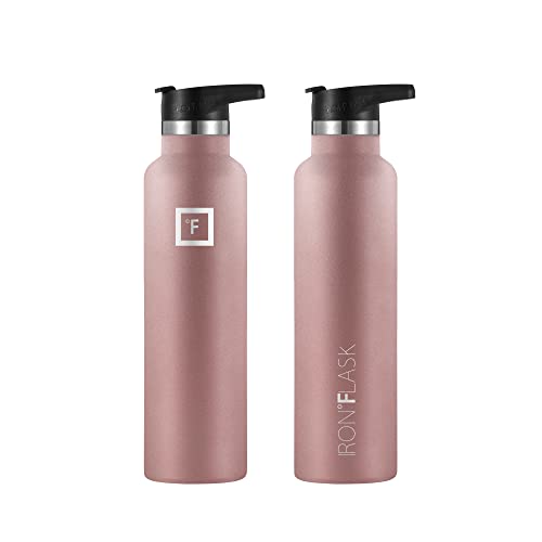 IRON °FLASK Sports Water Bottle - 24 Oz, 3 Lids (Spout Lid), Leak Proof, Vacuum Insulated Stainless Steel, Hot Cold, Double Walled, Thermo Mug, Standard Metal Canteen - Rose Gold