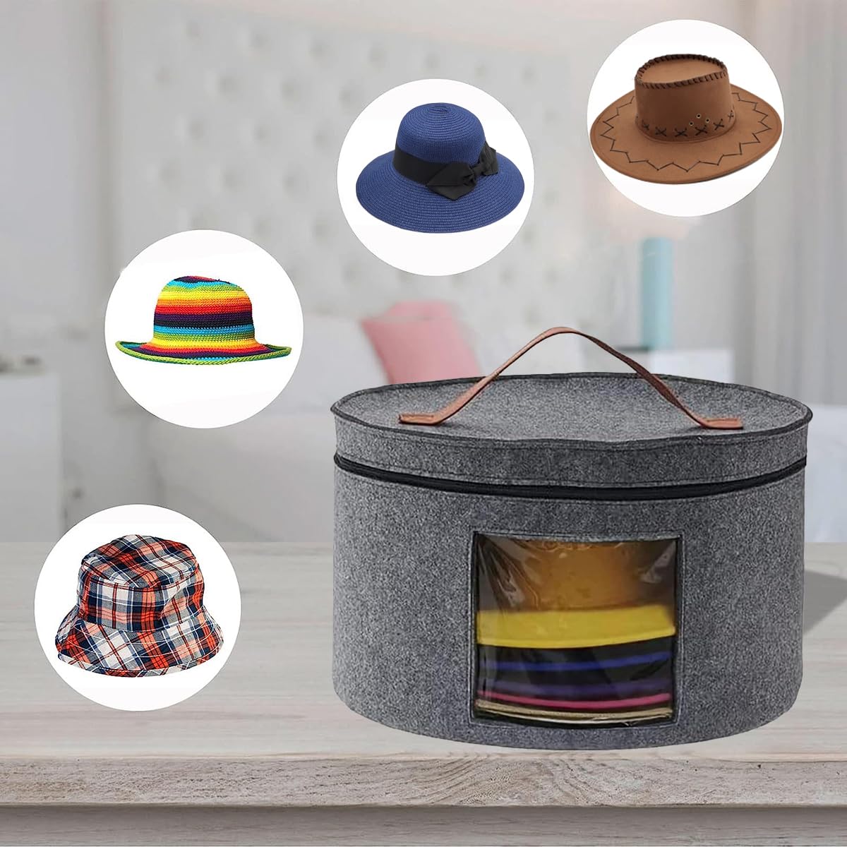 Memfish Hat Box-Hat Boxes for Women Storage Travel Hat Box Large Round Hat Carrier Case Organizer Wide-Brim Cowboy Men Cowboys Caps Clothes Closet Storage Foldable Hat Box with Lids(Grey)