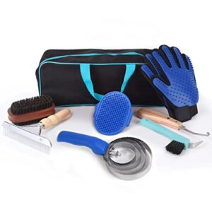 horse grooming kit blue tote - 9pcs horse care kit with multi-function brushes & curry combs, sweat scraper, hoof pick, hoof knife for horse kit horse cleaning tool set equine grooming portable