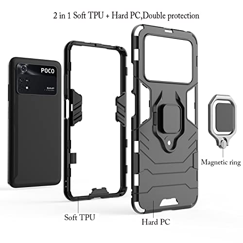 Compatible for Xiaomi Poco M4 Pro 4G Kickstand Case with Tempered Glass Screen Protector [2 Pieces], Hybrid Heavy Duty Armor Dual Layer Anti-Scratch Case Cover, Black