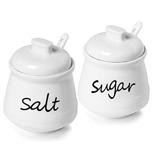 ONTUBE 12oz Sugar and Salt Bowls with Lid and Spoon, Ceramics Condiment Pots,Seasoning Jar Spice Container for Kitchen,Dishwasher Safe (White)