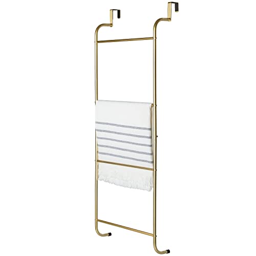 MyGift Over-The-Door Towel Rack with 4 Rungs, Brass-Tone Metal Ladder Bathroom Towel Hanging Storage Drying Rack