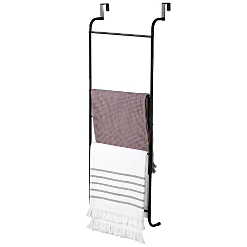 MyGift Over-The-Door Towel Rack, Matte Black Metal Ladder Bathroom Towel Hanging Storage Holder, 4-Rungs