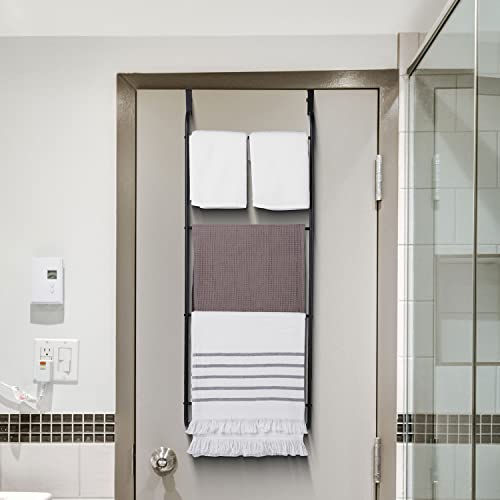 MyGift Over-The-Door Towel Rack, Matte Black Metal Ladder Bathroom Towel Hanging Storage Holder, 4-Rungs