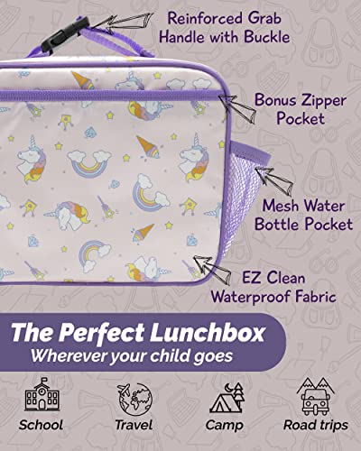 JOY2B Lunch Box Kids with Reusable Snackbag - Kids Lunch Box for Girls and Boys Lunch Bag Kids with Water Bottle Holder - Unicorn Party