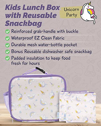 JOY2B Lunch Box Kids with Reusable Snackbag - Kids Lunch Box for Girls and Boys Lunch Bag Kids with Water Bottle Holder - Unicorn Party