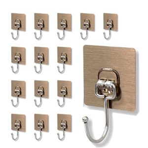 youdiyla adhesive hooks 15 pack 33lb(max) large transparent adhesive wall hooks, heavy duty self adhesive hooks for kitchens, bathroom, reusable bath ceiling hooks (brushed)