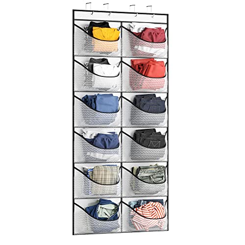 Over the Door Shoe Organizer, 12 Extra Large Mesh Pockets Hanging Shoe Rack Holder for Closet Door, Hanging Shoe Organizer Bags with 4 Metal Hooks Home Storage Hanging Bag (White)