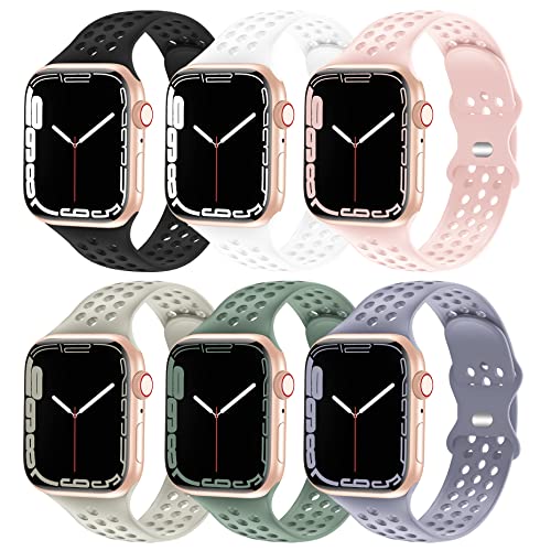 Aopigavi 6 Pack Breathable Sport Bands Compatible with Apple Watch Band 38mm 40mm 41mm 42mm 44mm 45mm 49mm for Women Men, Soft Silicone Strap Wristband for iWatch SE Series Ultra/8/7/6/5/4/3/2/1 Band