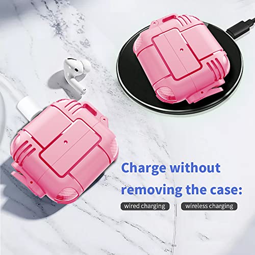 ZenRich New Airpods Pro Case, zenrich Anti Lost Buckle Full-Body Hard Shell Protective Rugged Charging Cover Case with Keychain for AirPod Pro 2019, Front LED Visible,Pink