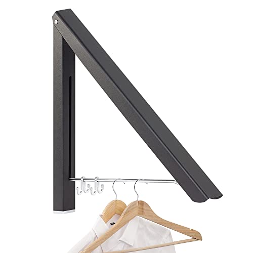 ETiME Closet Hanging Storage Organizer, Wall Mounted Clothes Drying Rack Foldable Laundry Room Accessories Retractable Clothes Rack for Balcony, Bathroom, Patio and Bedroom (Single Rack, Black)