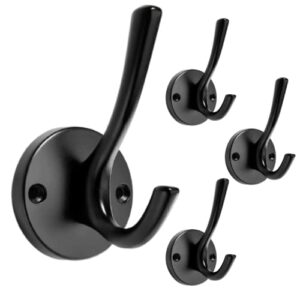 4 packs matte black coat hooks, robe hook, decorative towel hooks, heavy duty double prong wall hooks, metal closet hooks, hat hooks for hanging for bathroom, kitchen and office