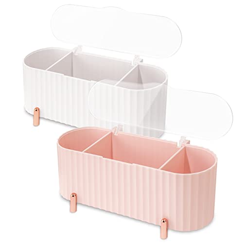 FHDUSRYO 2Pcs Q-tips Holders, White Pink Cotton Swabs Dispensers, 3 Compartments Cotton Ball Storage Box, Cotton Pad Storage Organizer Container with Lid for Bathroom Dresser Home Decor