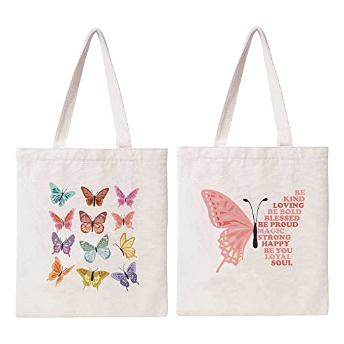 THEYGE Butterfly Cotton Canvas Bag Aesthetic Butterflies Tote Bag for Women Girls Gift Funny Tote Bag Cute Butterfly Theme Reusable Tote Bag Book Tote Shopping Shoulder Bag