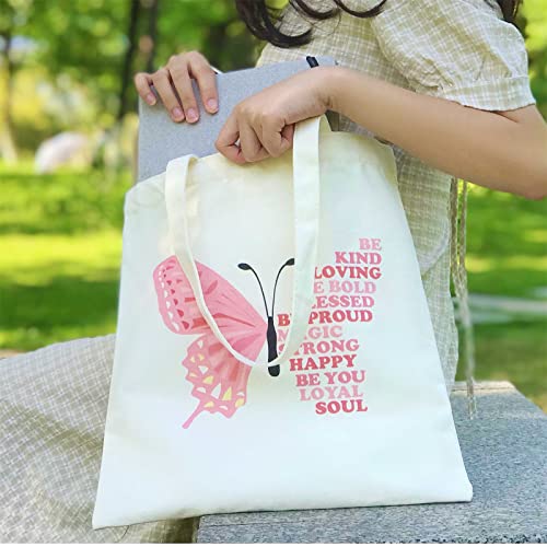 THEYGE Butterfly Cotton Canvas Bag Aesthetic Butterflies Tote Bag for Women Girls Gift Funny Tote Bag Cute Butterfly Theme Reusable Tote Bag Book Tote Shopping Shoulder Bag