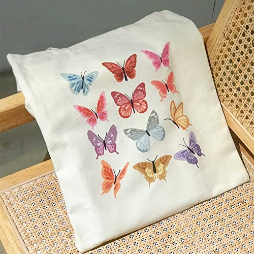 THEYGE Butterfly Cotton Canvas Bag Aesthetic Butterflies Tote Bag for Women Girls Gift Funny Tote Bag Cute Butterfly Theme Reusable Tote Bag Book Tote Shopping Shoulder Bag