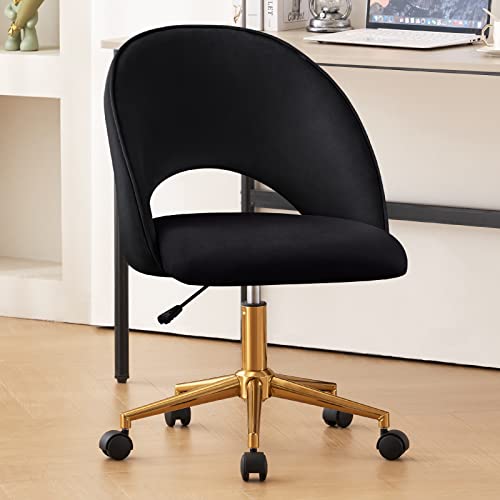 Furnimart Home Office Chair Modern Swivel Vanity Chair with Gold Base Armless Desk Chair with Wheels Cute Task Chair Mid-Back for Dorm Living Room Bedroom Studying Room Vanity Room(Black)