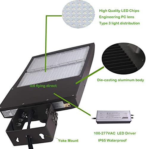 300W LED Shoebox Parking Lot Lights with Dusk to Dawn Photocell Sensor, Surge Protection Built-in, 1-10V Dimmable, 5000K Cool White, 100-277V AC IP65 DLC UL Listed, Yoke/Trunnion/Wall Mount Bracket