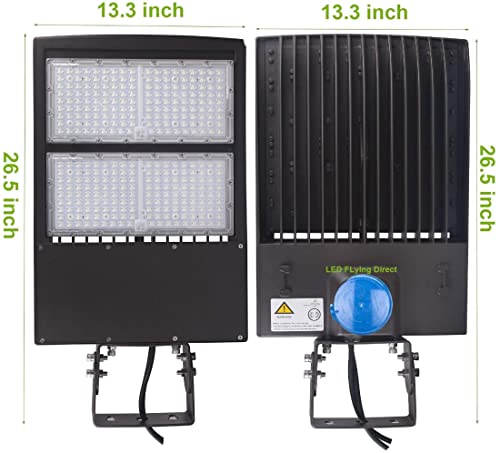 300W LED Shoebox Parking Lot Lights with Dusk to Dawn Photocell Sensor, Surge Protection Built-in, 1-10V Dimmable, 5000K Cool White, 100-277V AC IP65 DLC UL Listed, Yoke/Trunnion/Wall Mount Bracket