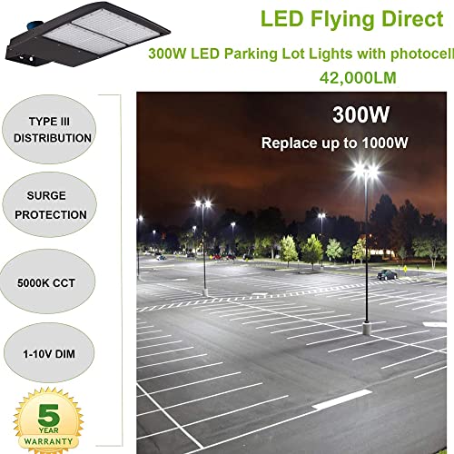 300W LED Shoebox Parking Lot Lights with Dusk to Dawn Photocell Sensor, Surge Protection Built-in, 1-10V Dimmable, 5000K Cool White, 100-277V AC IP65 DLC UL Listed, Yoke/Trunnion/Wall Mount Bracket