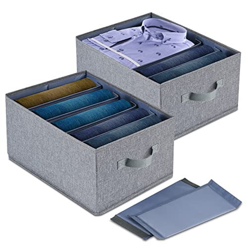 Clothes Organizer with Larger Grid (3.2"W), Foldable Wardrobe Clothes Organizer with Handles & Removable PP Board, Fabric 5 Grids Drawer Organizers for Clothing Jeans Underwear Pants Socks (2 Pack)