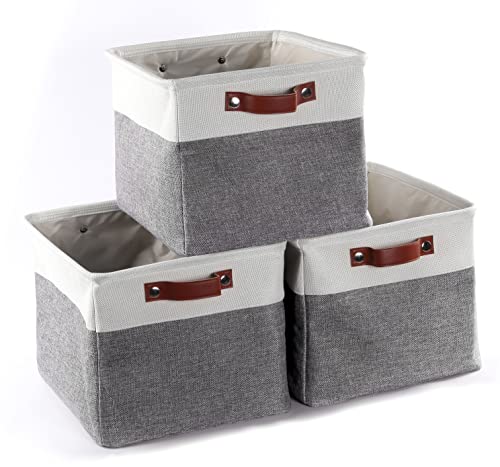 Aeiniwer MANZOO Storage Baskets for Shelves, Closet Storage Bins for Organization, Fabric Bins Cube W/Handles for Organizing Shelf Nursery Home Closet,3PC Pack,Grey/white