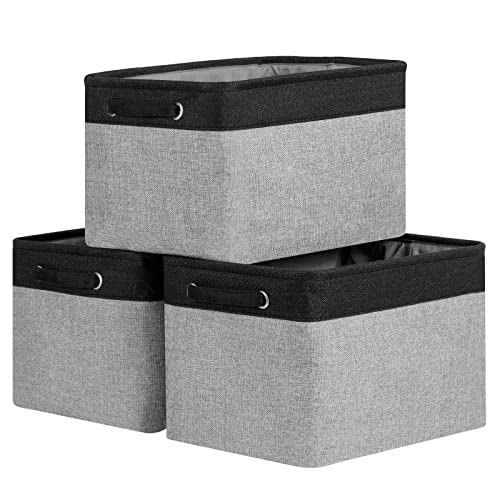 Bliecamile Large Storage Baskets Set,Canvas Baskets for Organizing Shelves,Linen Baskets for Shelves,Office,Room,Book Storage,Large Basket for Storage with Cloth Handles(15×11×9.5-3 Pack,Black&Grey)