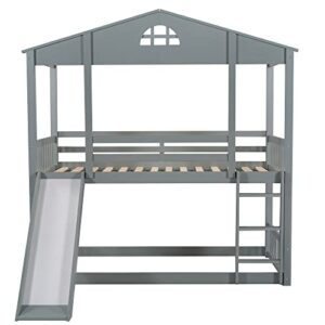 House Bunk Bed with Slide, Twin Over Twin Bunk Bed with Convertible Slide and Ladder, Floor Bunk Bed Frame, Converts into 2 Separate Platform Beds, No Box Spring Needed (Twin, Gray)