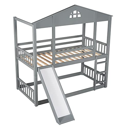 House Bunk Bed with Slide, Twin Over Twin Bunk Bed with Convertible Slide and Ladder, Floor Bunk Bed Frame, Converts into 2 Separate Platform Beds, No Box Spring Needed (Twin, Gray)